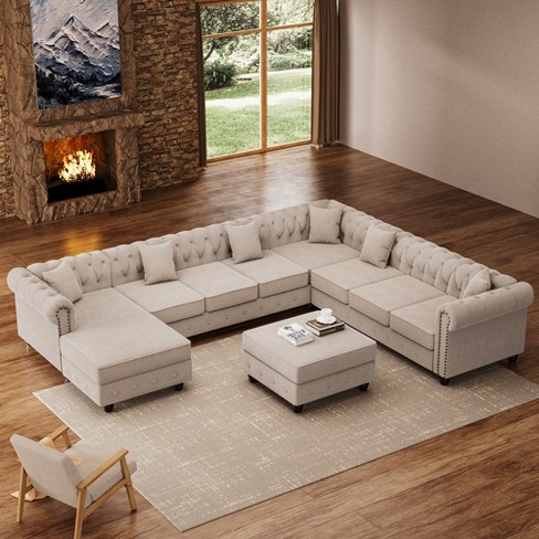 7 Seater Linen U Shape Sectional Sofa 132" Large Rolled Arms Corner ...