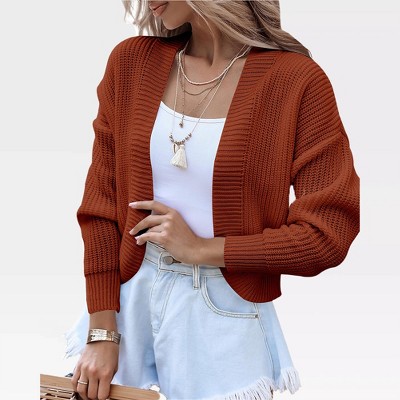 Women's Rib Knit Cardigan With Lantern Sleeves - Open Front Sweater ...