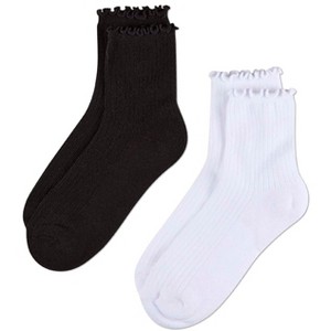 Memoi Ribbed Picot Cuff Cotton Quarter Sock 6 Pr Pack White-Black 9-11 ...