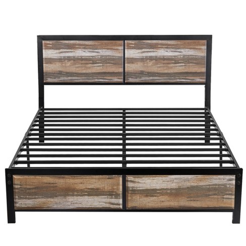 Vecelo Gray Queen Size Platform Metal Bed Frame With Wooden Headboard ...
