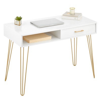 Hairpin Writing Desk White Soft Brass