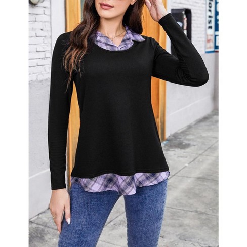 Women's Long Sleeve Contrast Collared Shirts Patchwork Work Blouse ...
