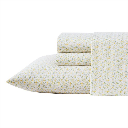 Laura Ashley Evie 100% Cotton Percale- 4 Piece- Sheet Set Yellow- Queen ...