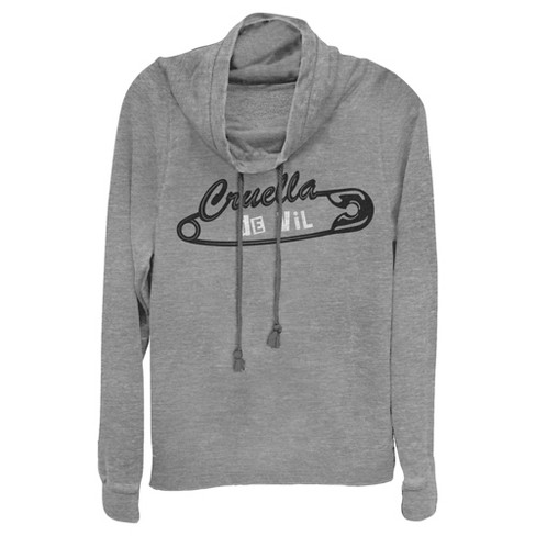 Junior's Cruella Punk Rock Pin Logo Cowl Neck Sweatshirt - Gray Heather ...