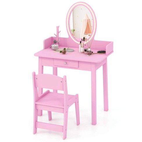 Costway Kids Vanity Set With Lighted Mirror Chair 2-color Led Lighting ...