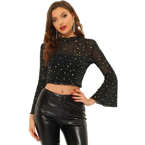 Allegra K Women's Mesh Crop Top Stars Pattern Glitter Sheer See Through ...