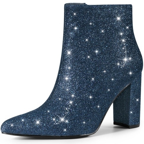 Perphy Women's Glitter Sparkly Pointed Toe Zipper Chunky Heels Ankle ...