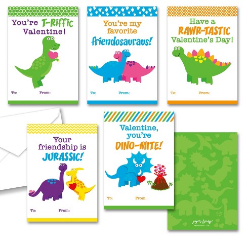 Paper Frenzy Dinosaur Themed Valentine Cards With Envelopes - 25 Pack ...
