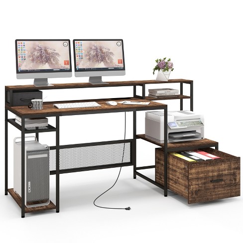 Costway 67'' Computer Desk W/ Monitor Stand Office Desk W/ File Drawer ...