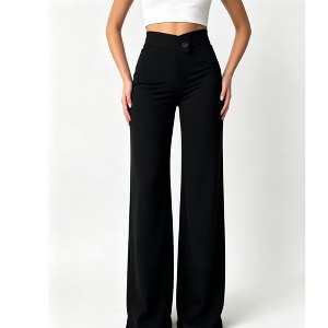 Women's High Waist Wide Leg Dress Pants Asymmetric Cross Button Waist ...