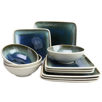 Hometrends Althea 12 Piece Soft Square Stoneware Dinnerware Set In Teal ...