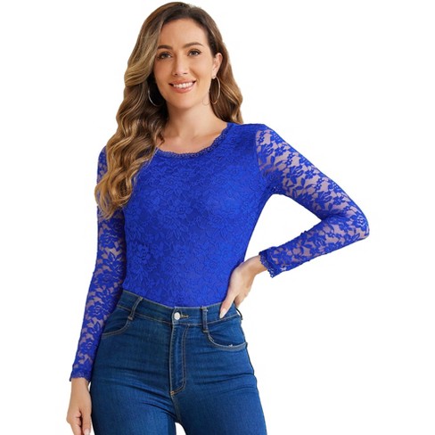 Allegra K Women's Slim Fit Sheer-long-sleeves Flower Embroidery Lace ...