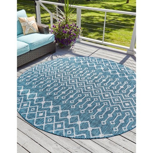 Unique Loom 10' 8 X 10' 8 Round Indoor/outdoor Trellis Teal Area Rug ...