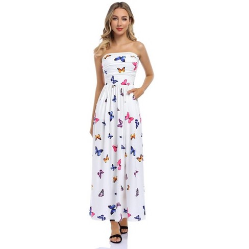 Women's Summer Boho Strapless Midi Dresses High Waist Vintage Floral Print Maxi Long Dress With ...
