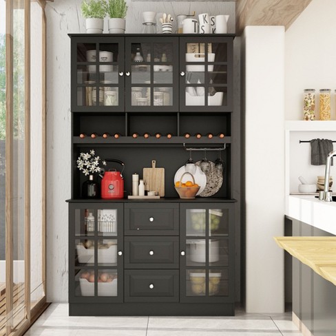 Famapy Black Wooden Sideboard Food Pantry Storage Cabinet With 3 ...