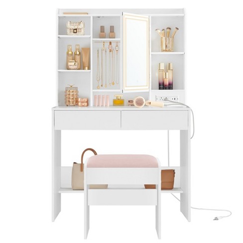 Vasagle Vanity Desk, Makeup Vanity With Mirror And Lights, Upholstered ...