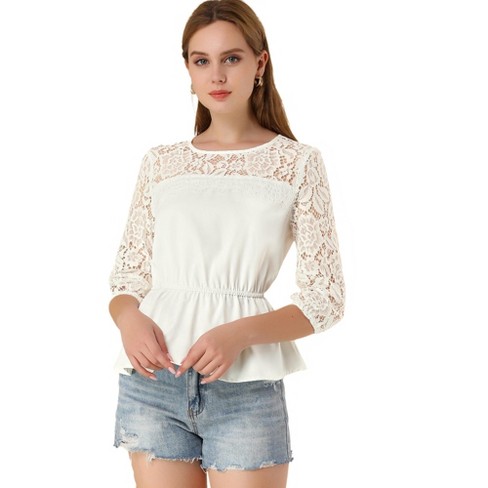 Inspire Chic Women's 3/4 Sleeve Elastic Waist Semi Sheer Lace Blouses ...