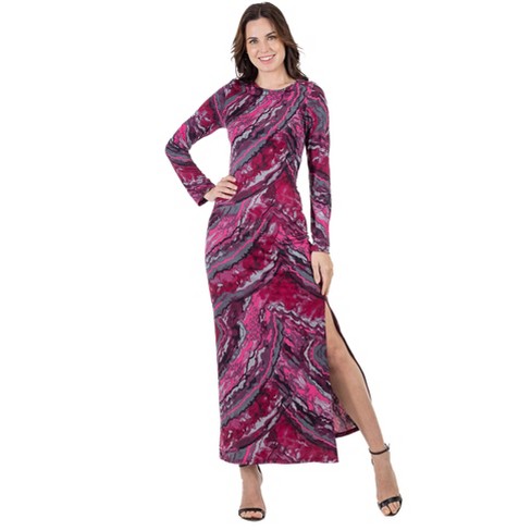 24seven Comfort Apparel Magenta Print Long Sleeve Side Slit Maxi Dress ...