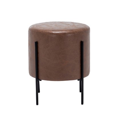 16" Modern Round Ottoman With Metal Base Light Brown Faux Leather ...