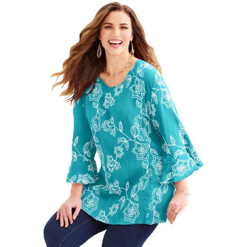 Catherines Women's Plus Size Embroidered Gauze Tunic - 4x, Aqua Blue ...
