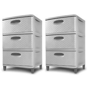 Sterilite 3 Drawer Medium Weave Storage Tower Plastic Decorative Dresser Drawers to Organize Clothes and Shoes in Bedroom or Closet Cement 2 Pack