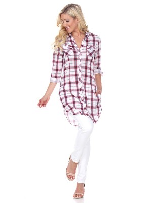 Women's Piper Stretchy Plaid Tunic With Pockets Red/white Large - White ...
