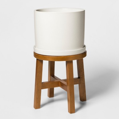 21.3" x 12.6" Ceramic Planter with Wood Stand White/Brown – Threshold ...