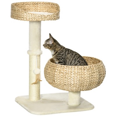 Pawhut 28" Elevated Cat Bed With Sisal Scratching Post For Indoor ...