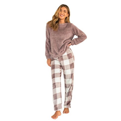 Women's Pink Fuzzy Knit Sweater & Plaid Pants Pajama Set - Cupshe-s ...