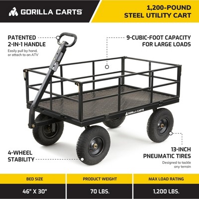 Gorilla Carts Steel Utility Cart, 9 Cubic Feet Garden Wagon Moving Cart ...