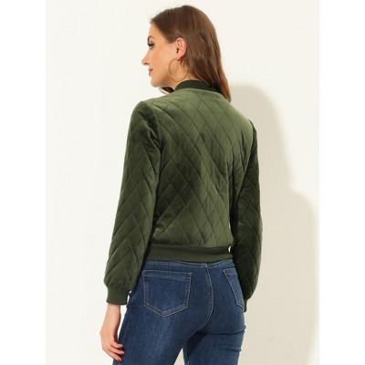Inspire Chic Women's Zip Up Long Sleeve Velvet Surface Diamond Quilted Bomber Jackets Green ...