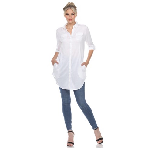 Women's Stretchy Button-down Tunic White Large - White Mark : Target