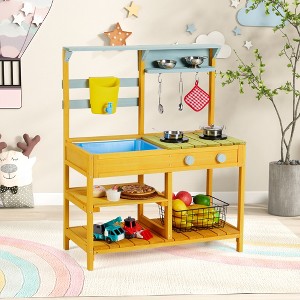 Outdoor Kids Play Kitchen, Wooden Kitchen with Removable Sink, Water ...