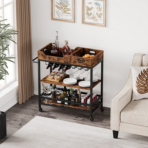 3-tier Home Bar Cart, Rustic Brown Bar Cart With Wheels, Bar Cart : Target