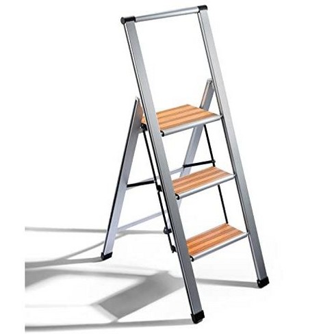 Step Ladder 3 Step Modern - Beautiful Bamboo & Silver Aluminum - By ...