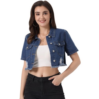 Allegra K Women's Turn Down Frayed Button Down Washed Cropped Denim ...