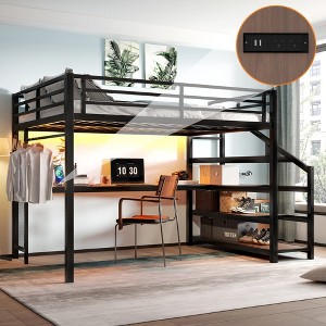 Queen Metal Loft Bed with Desk, Storage Stairs, LED Lights, USB Ports ...