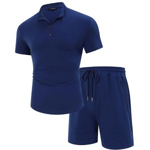 Men's 2 Pieces Outfits Quarter Zip Polo Shirt And Shorts Set Summer ...