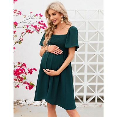 Summer Maternity Dress Women Smocked Square Neck Puff Sleeve Off ...