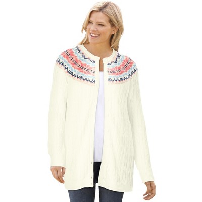 Woman Within Women's Plus Size Fair Isle Cardigan - 2x, Ivory Sweet ...