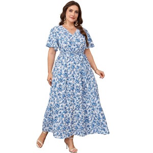 Plus Size Wrap Maxi Dress V Neck Flutter Sleeve Tiered Sundress with ...