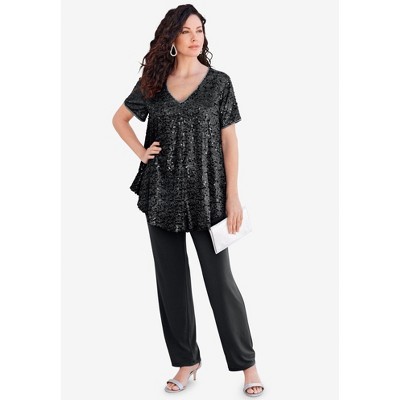 Roaman's Women's Plus Size Sequin Tunic & Pant Set, 22 W - Black : Target