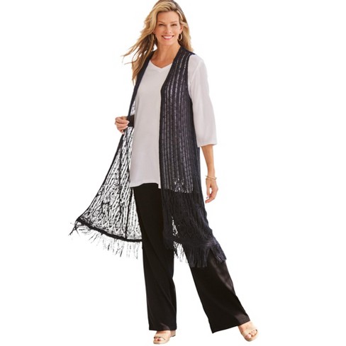 Woman Within Women's Plus Size Crochet Maxi Vest With Pointelle Fringe ...
