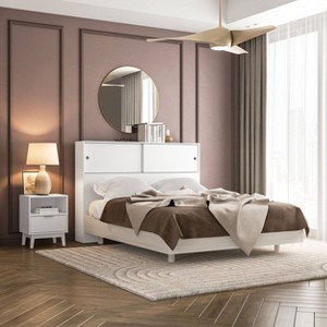 Polifurniture 2pc Queen Victoria Bedroom Set White Modern Engineered Wood Storage Headboard Nightstand