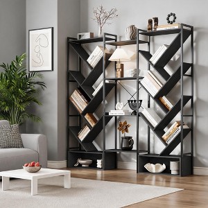 Triple Column Industrial Bookshelf, 6-Tier Wooden Standing Bookcase ...