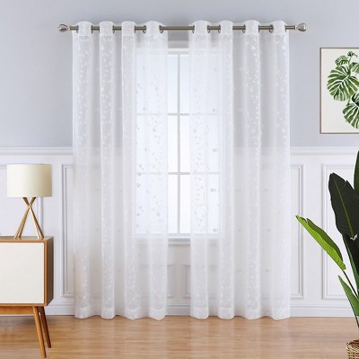 Whizmax Embroidered Floral Sheer Curtains Grommet Voile Drapes For ...