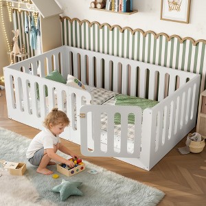 Twin ft Floor Bed with High Fence for Kids, Solid Wood Montessori Bed ...