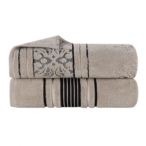 Zero Twist Cotton Solid And Floral Jacquard Bath Sheet Set Of 2, Stone ...