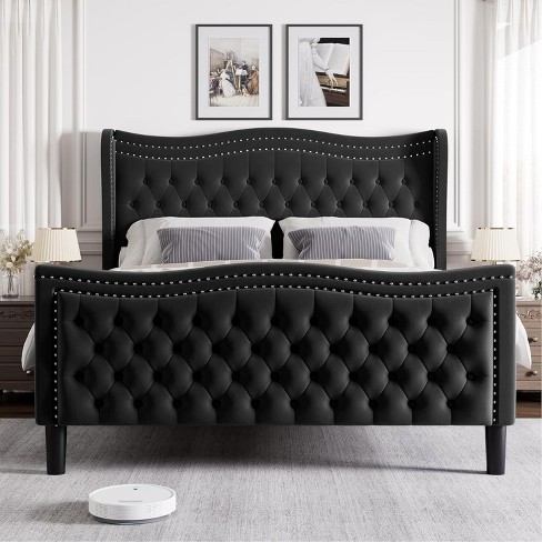 Sersper Queen Velvet Bed Frame With Wingback Headboard& Footboard, Deep ...