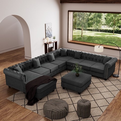 Grey 7 Seater Linen U Shape Sectional Sofa 132" Large Rolled Arms ...